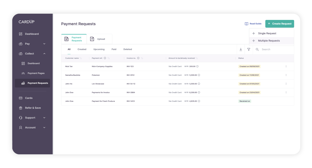 How do I create multiple Payment Requests? – CardUp MY FAQS